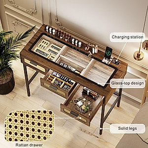 FREDEES Makeup Vanity with LED Lights - Vanity Desk with Glass Top Design & Charging Station, Wooden Makeup Table with Rattan Drawers, Bedroom Furniture Dressing Table Office Desk