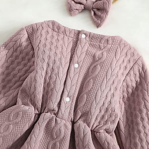 Baby Girl Knit Dress Long Sleeves Sweater Dress Toddler Fall Winter Outfits with Bowtie (Pink, 6-12 Months)