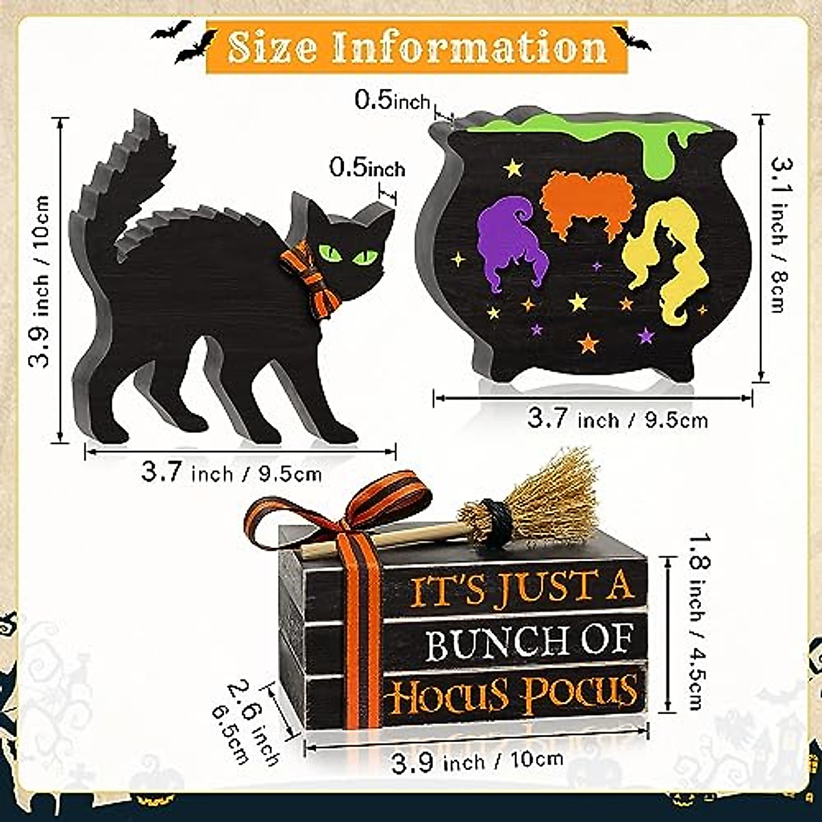 5PCS Halloween Wooden Signs Hocus Pocus, Decorative Wooden Faux Books Stack Black Cat Wood Table Signs, Cauldron Witches Sisters Halloween Tiered Tray Decor for Halloween Party Home Decorations
