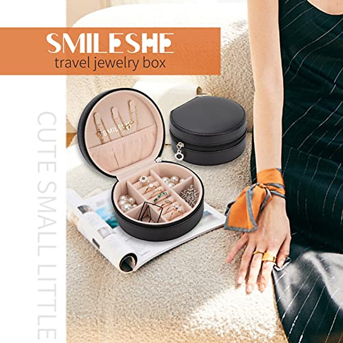 Smileshe Travel Jewelry Box, Mini Portable Organizer Travel Case with Zipper, PU Leather Small Storage Boxes for Rings, Earrings, Necklaces, Bracelets