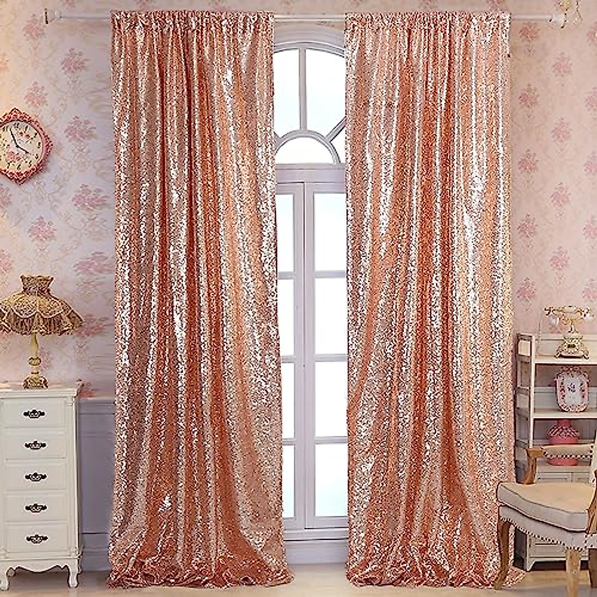 TRLYC 2pcs 2FTX8FT Rose Gold Sequins Backdrop Curtain