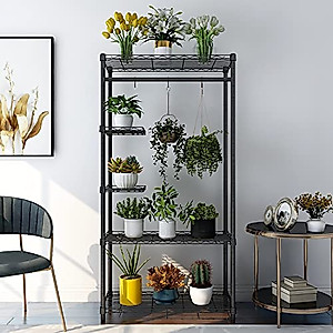 Xiofio 5-Tier Plant Stand for Indoor Outdoor, Large Multiple Flower Pot Holder Rack Tall Plant Stand ，Hanging Plant Stand ,Adjustable Plant Stand Suitable for Bedroom Living Room Balcony Garden,Black