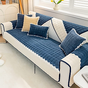 vctops Soft Corduroy Sofa Couch Cover, Plaid Sectional Couch Covers, Non-Slip Sofa Slipcover for Dogs Cats Kids(Navy,36"x47")
