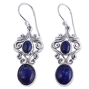 NOVICA Artisan Handcrafted Lapis Lazuli Dangle Earrings Sterling Silver Tone India Birthstone [1.8 in L x 0.6 in W x 0.3 in D] ' Whimsical Tendrils'