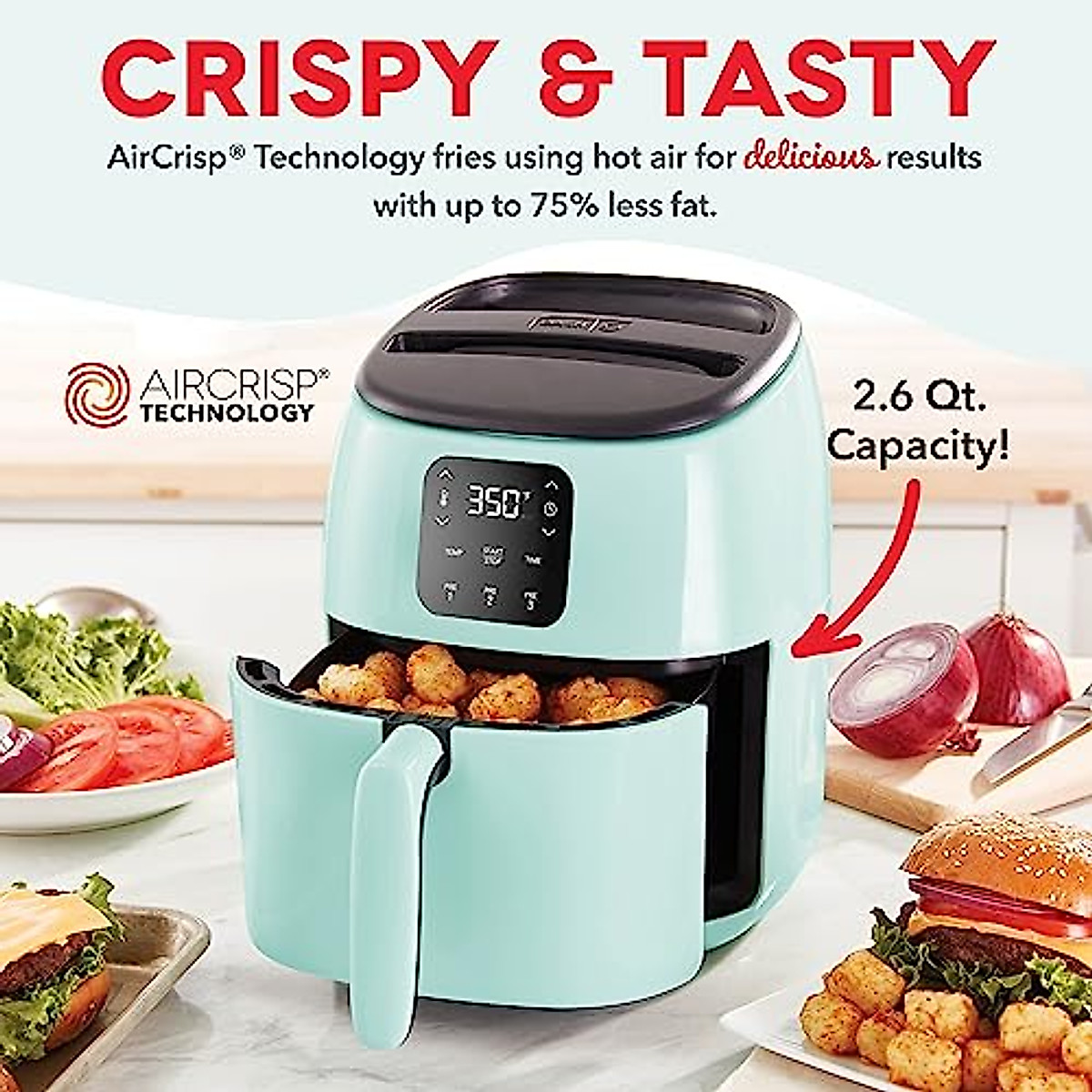 DASH Tasti-Crisp™ Digital Air Fryer with AirCrisp Technology, Custom Presets, Temperature Control, and Auto Shut Off Feature, 2.6 Quart - Aqua