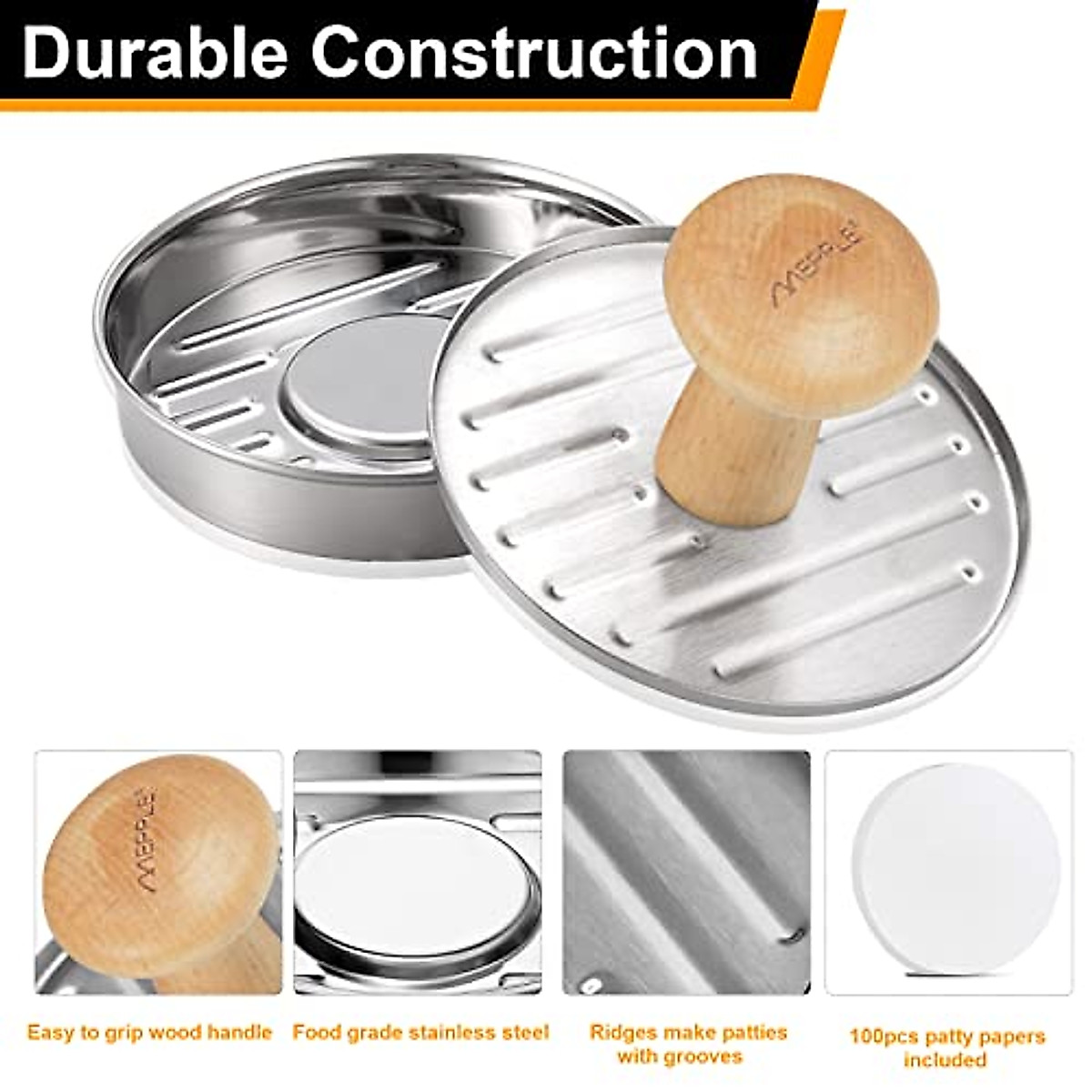 Mepple Burger Press with Non-Stick 100 Patty Papers, Hamburger Press Patty Maker with Wooden Handle, Burger Mold for Hamburger Meat Veggie BBQ, Barbecue Grilling Accessories and Kitchen Tool, 5” Dia