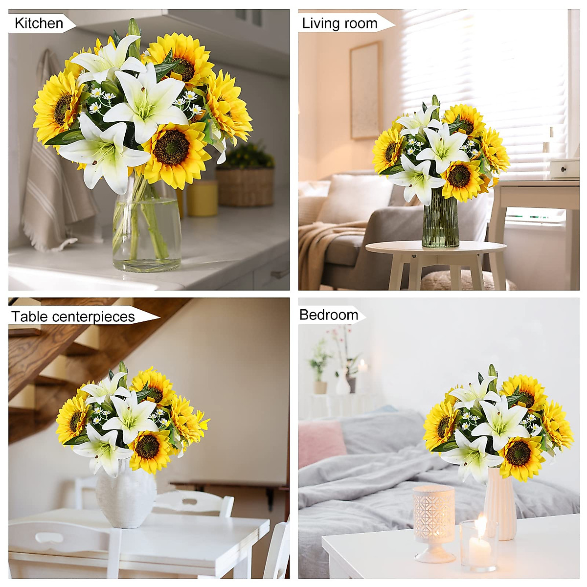 HUAESIN 11PCS Artificial Sunflower Bouquets Faux Flowers Bouquet with Realistic Lily Spring Silk Sunflowers Summer Floral Arrangements for Home Living Room Kitchen Table Centerpieces Party Decor