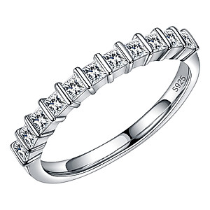 SMILEST Princess Moissanite Stackable Rings for Women, 2MM D Color VVS1 Clarity Lab Created Diamond Wedding Band 18K White Gold Plated 925 Sterling Silver Bar-Set Moissanite Wedding Band for Women