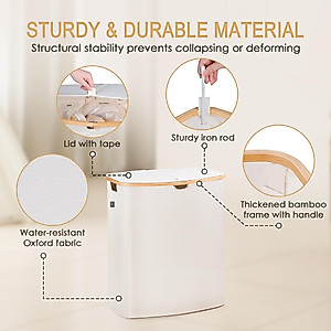160L Laundry Hamper with Lid, Large Laundry Basket 3 Section with Bamboo Handle, Collapsible Dirty Clothes Hampers for Bedroom Aesthetic, Bathroom, Laundry Room, Beige