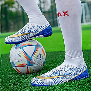 WINGFAI Men's Soccer Shoes Cleats Professional High-Top Breathable Athletic Football Shoes Outdoor/Indoor Professional Futsal Football Training Sneakers White-Blue 4 US