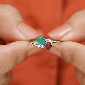 Natural Ruby Emerald Ring, Toi Et Moi Heart Promise Ring, Certified 2 Stone Pre Engagement Ring For Women, 14K White Gold, Size:US 8.00