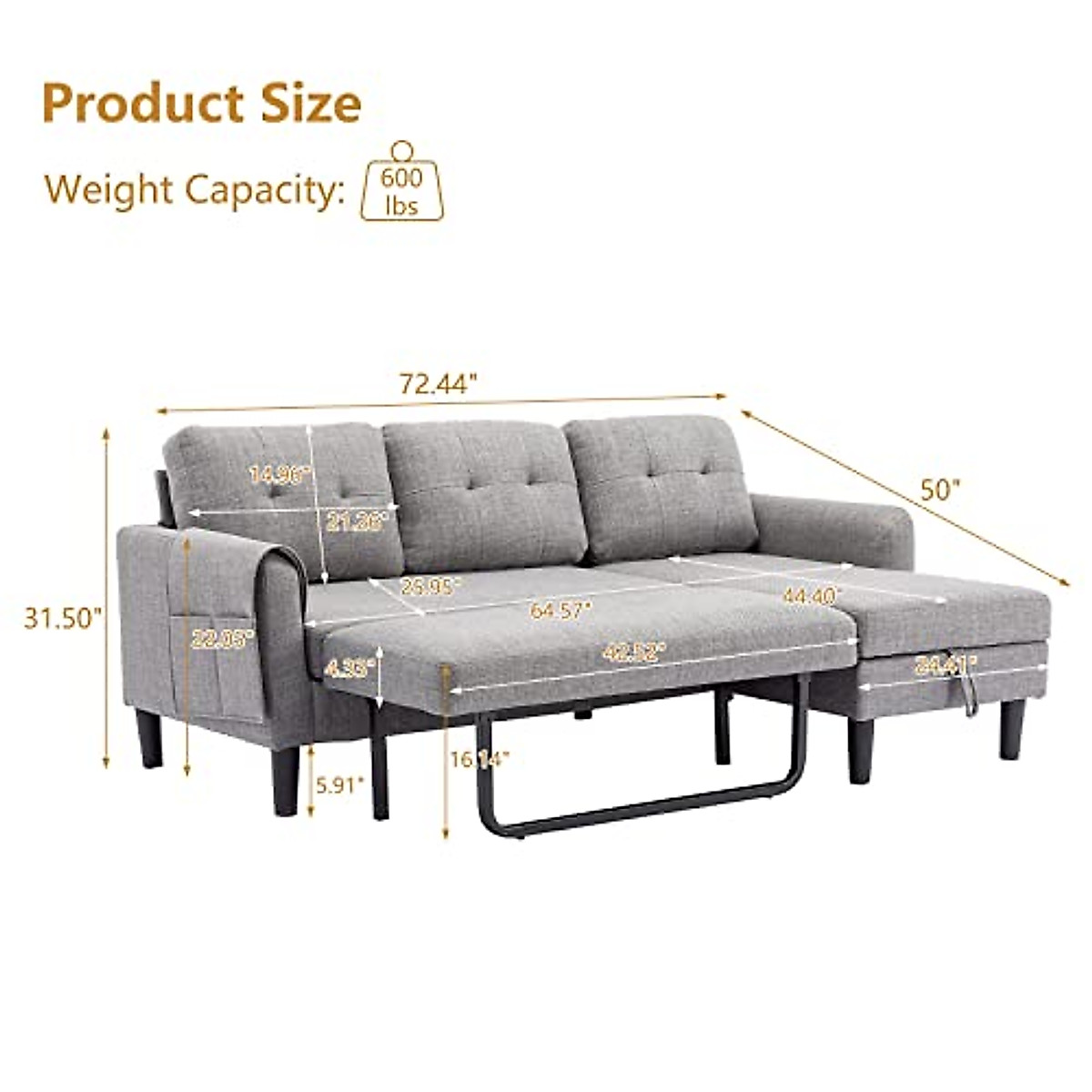 GNIXUU Pull Out Couch, Small Sectional Sleeper Sofa Bed with Storage Chaise, Convertible 3 Seater L Shaped Couch for Living Room, Grey