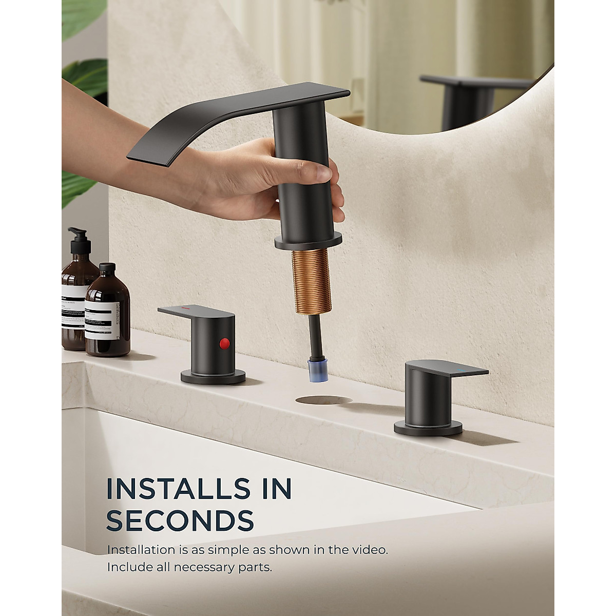 FORIOUS Black Bathroom Faucets, Matte Black Waterfall Bathroom Faucet 3 Hole with Metal Pop up Drain, 8 Inch Widespread Bathroom Sink Faucet Two Handle, Faucet for 6''-12'' Bathroom Sink Vanity