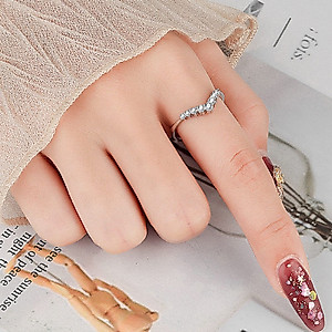 925 Sterling Silver Natural Diamond Stylish V-Shaped Microset Zircon Ring Cubic Zirconia Promise Rings CZ Shiny Anillos Para Mujer Diamond Ring Eternity Engagement Wedding Band Ring for Women (6)