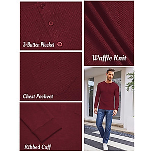 COOFANDY Men's Henley Shirts Long Sleeve Basic Waffle Pique Pullover T-Shirt with Pocket Christmas Sweater Red