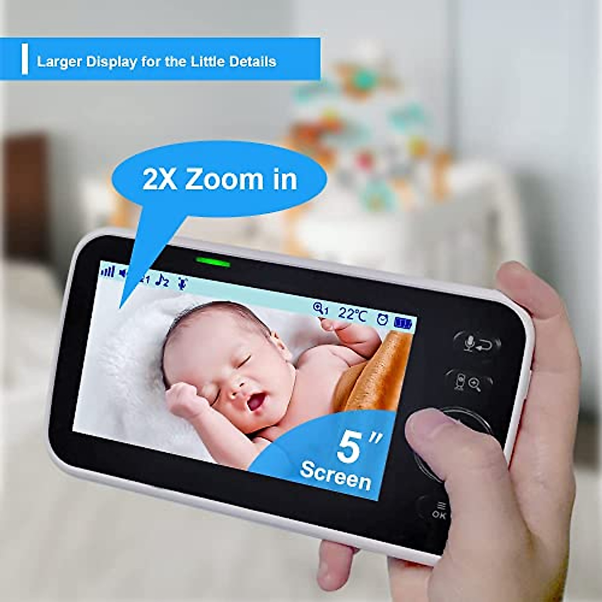 HelloBaby Monitor, 5''Display, Pan-Tilt-Zoom Video Baby Monitor with Camera and Audio, Night Vision, 2-Way Talk, Temperature, 8 Lullabies and 1000ft Range Baby Monitor No WiFi for Elderly(Old Model)