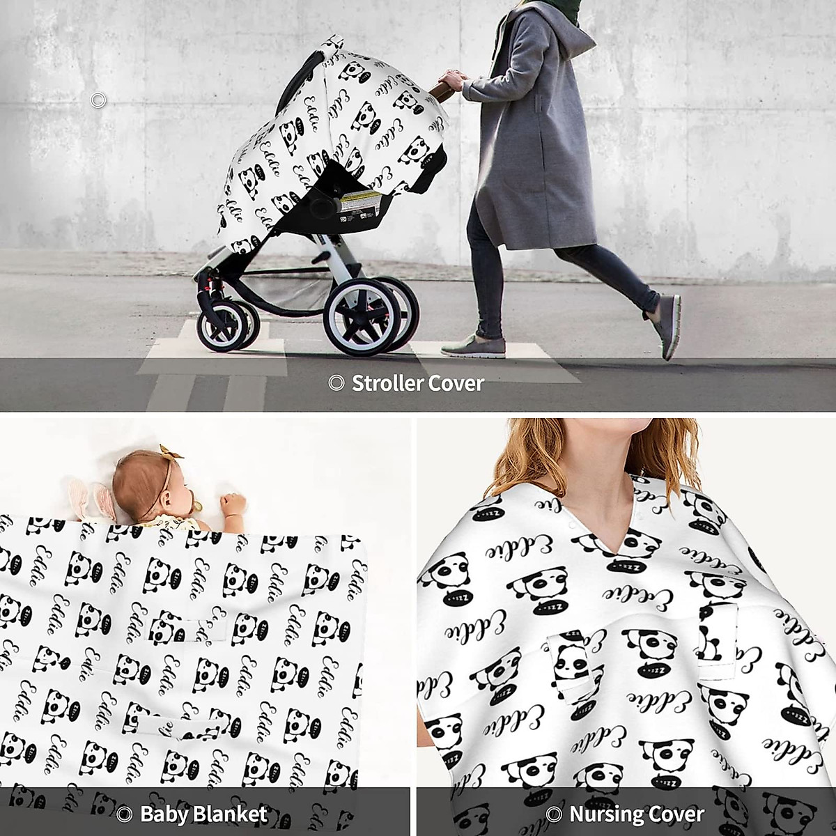 Personalized Baby Car Seats Canopy for Babies with Name, Custom Multi-use Covers for Baby Boys Girls, Cute Little Panda Minky Nursing Breastfeeding Stroller Cover Canopies for Newborn Infant
