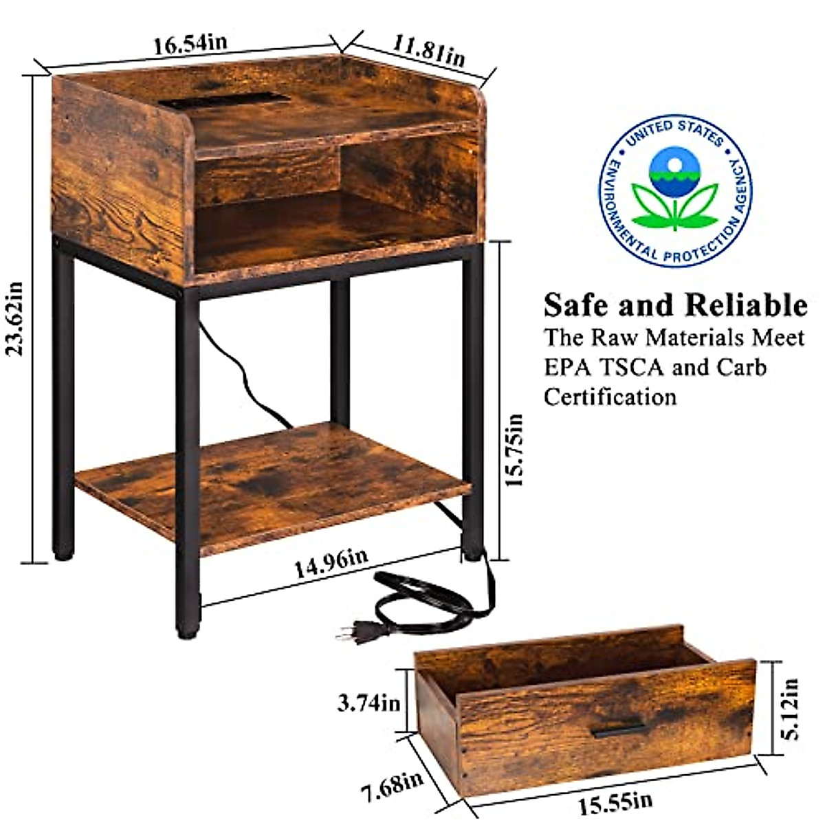 Lerliuo Nightstand with Charging Station and USB Ports, 3-Tier End Side Table with Storage Drawer and Shelf, Modern Bedside Night Stand for Bedroom, Living Room- Retro Brown