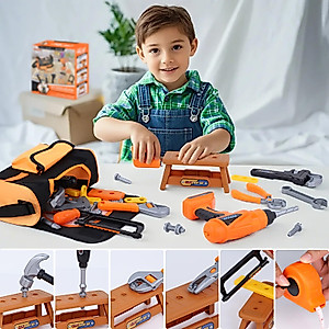 Toy Tool Set for Boys 46pcs Pretend Play Construction Toy with Storage Bag&Kids Toolbelt, Electric Drill Toy, Tape Measure, Goggle Toys Durable Kids Tool Accessories for 3 4 5 6 Year Old Kids Boys