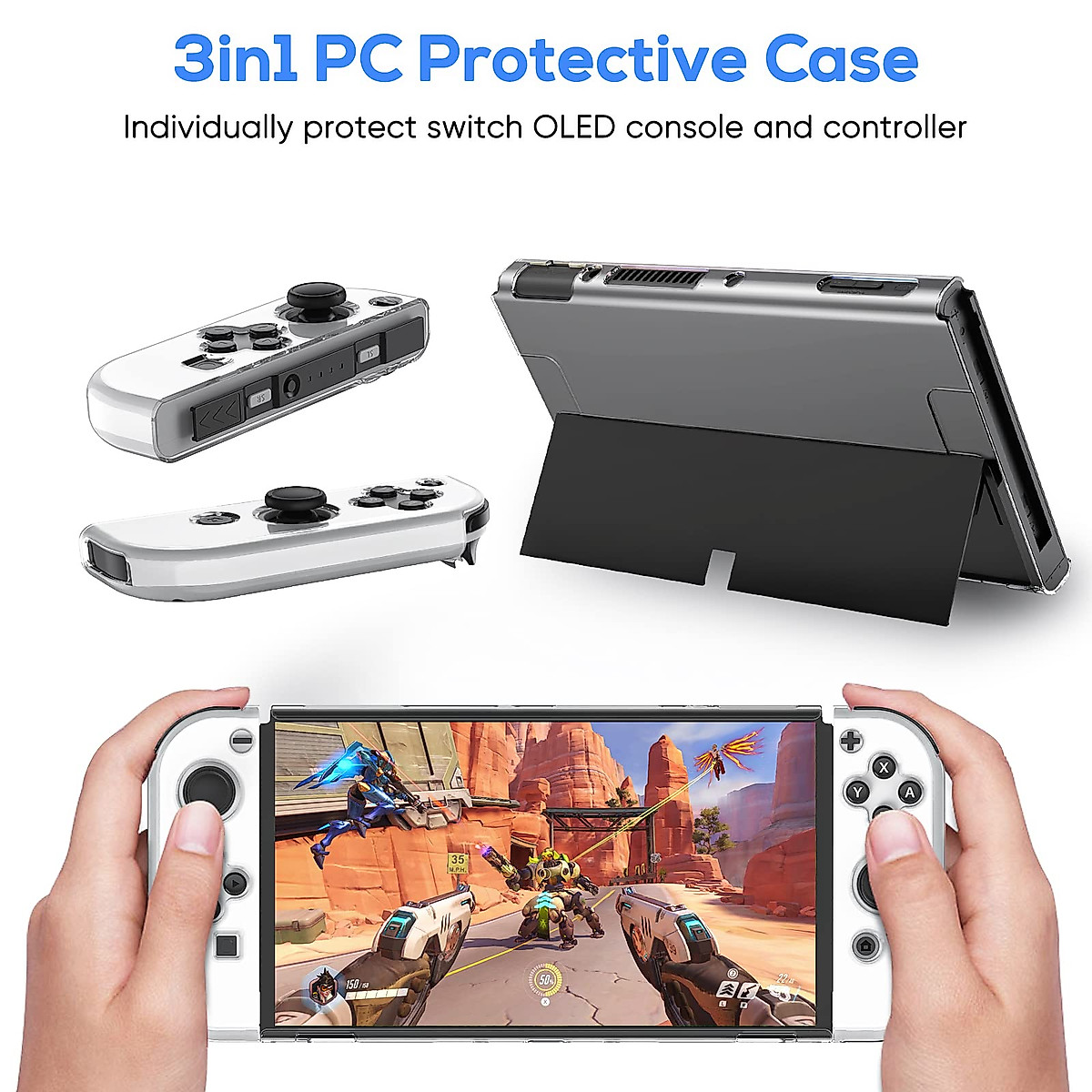Case and Tempered Glass Screen Protector Compatible with Nintendo Switch OLED, Portable Travel Carrying Case Pouch with Pocket, Slim Protective Shell, Stand, Joystick Caps for Accessories and Games