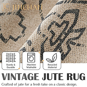 jinchan Runner Rug 2x8 Area Rug Recycled Boho Chic Jute Rug Indoor Outdoor Floor Cover Print Floral Rug Black Accent Rug for Living Room Bedroom Dining Room Patio Garden