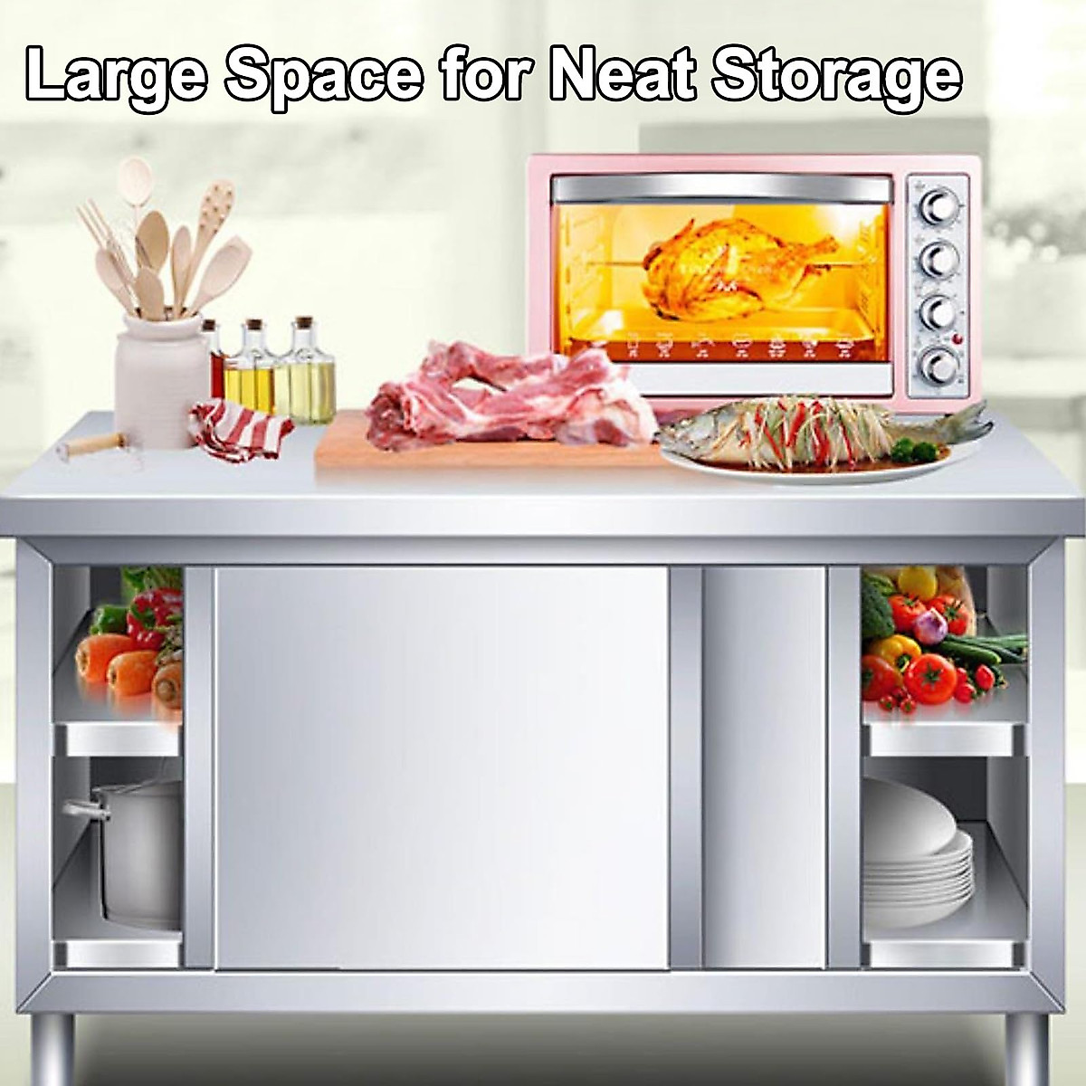 CHBMZ Stainless Steel Prep Table, W/Sliding Doors, Heavy Duty Workbench W/Cabinet, with Backsplash and Undershelf for Kitchen Restaurant (Size : 80x60x80cm/31x24x31in)