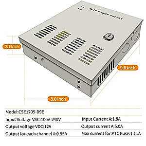 WEILAILIFE CCTV Power Supply Box, 9 Channel 12V 5A DC Distributed Power Supply Box, AC Plug Cord & Key Lock, Output AC to DC for Security Camera System, DVRs, IP Cameras, CCTV Cameras