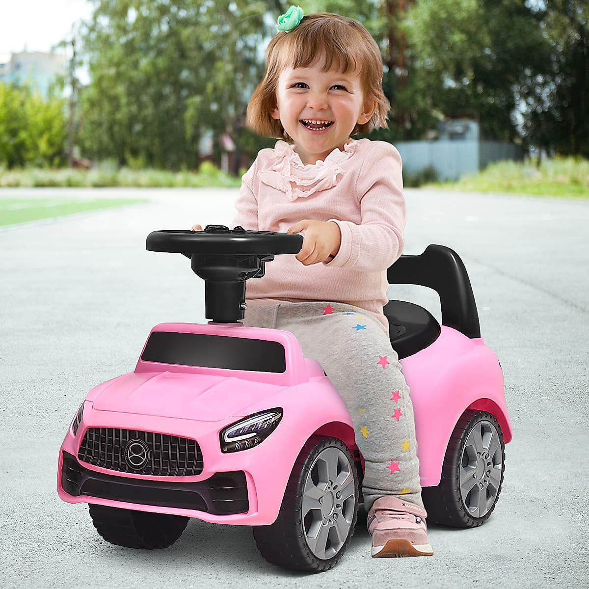 Costzon Kids Push and Ride Racer, Ride On Push Car w/Horn, Music, Under Seat Storage, Handle, Foot-to-Floor Sliding Car Pushing Cart for Toddler, Gift Toy for Children Boys & Girls (Pink)