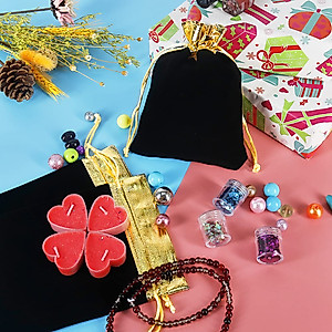 HRX Package 10pcs Velvet Bags with Drawstrings 5x7 inch, Black Gold Cloth Gift Pouches Baggies Sacks for Jewelry Dice Party Favor