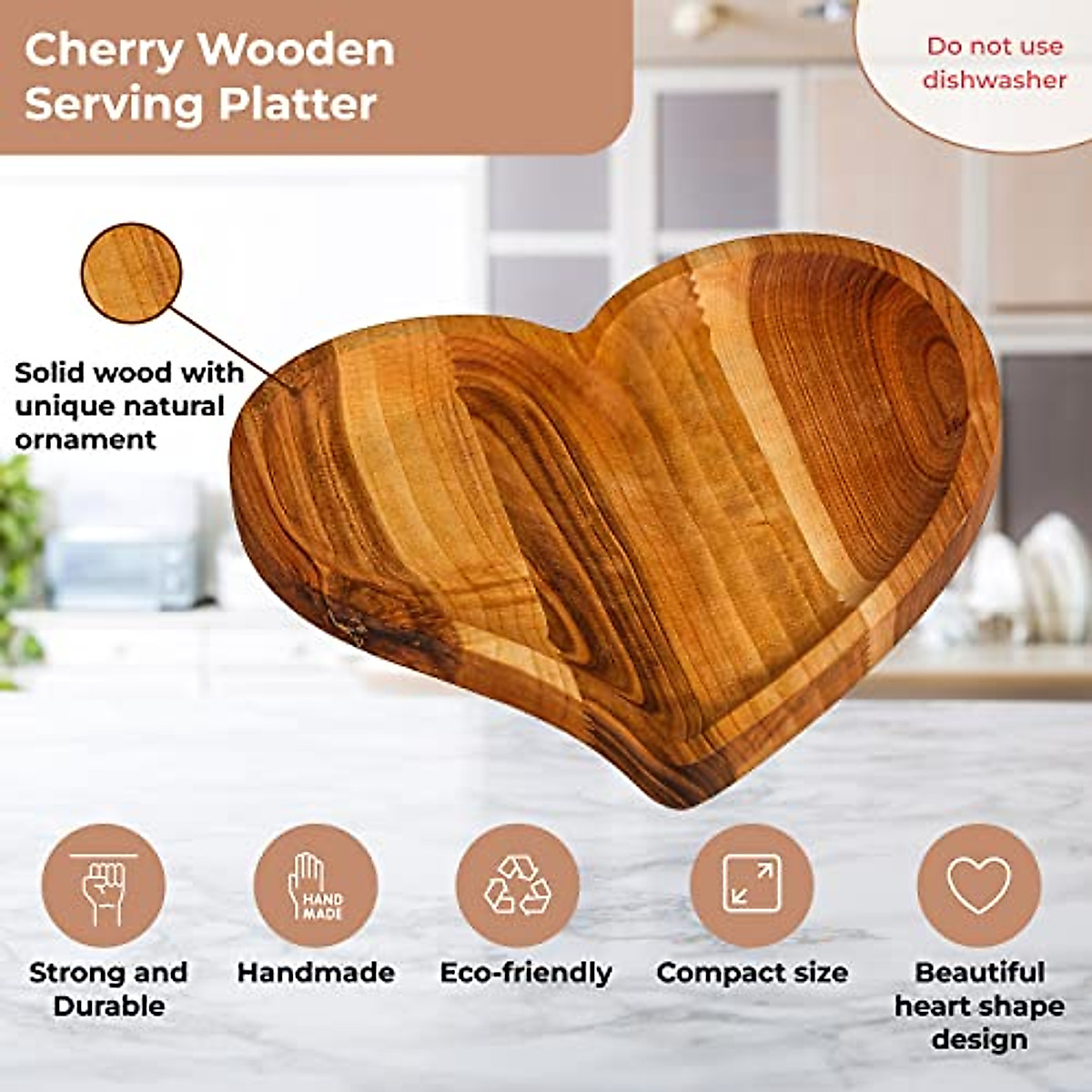 Handmade 9" Cherry Wood Heart Shaped Bowl Platter, Serving Tray, Food Tray, Dishes, Plate - Unfinished Wooden Heart Shaped Plates Tray Dinner Table Decor - Valentines Day Charcuterie Board