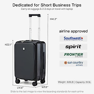 Hanke Grace Expandable Suitcases with Wheels Hardshell Carry On Luggage Airline Approved, 20 Inch Travel Suitcase Lightweight Tsa Luggage for Short Business Trips, Jet Black.