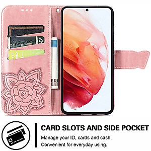 ROPIGO for Samsung Galaxy S21 FE 5G Wallet Case, Embossed Butterfly Premium PU Leather [Kickstand] [Card Slots] [Wrist Strap] [6.4 inch] Phone Cover for Samsung S21 FE (A1-Rose)