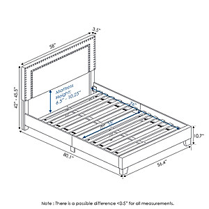 Furinno Laval Double Row Nail Head Upholstered Platform Bed Frame, Full, Glacier