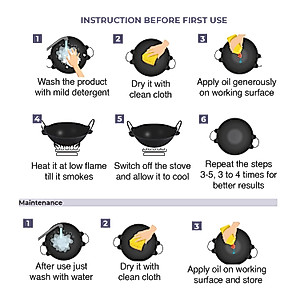 TAZBI Pre-Seasoned Small Cast Iron Kadai 8 Inch (Ready to Use-Hand Seasoned by Village Ladies Using Oil), Black