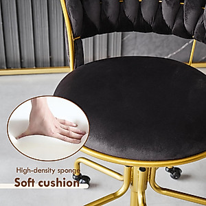 HOOLETE Velvet Desk Chair with Wheels, Modern Swivel Office Chair with Gold Base, Woven Accent Chair for Girls and Women, Vanity Chair with Back for Makeup, Black
