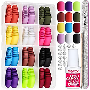 Short Square Press On Nails, Teenitor Matte Short Press On Fake Nails With Glue, 12 Colors Short Nails Press On Short Glue On Nails