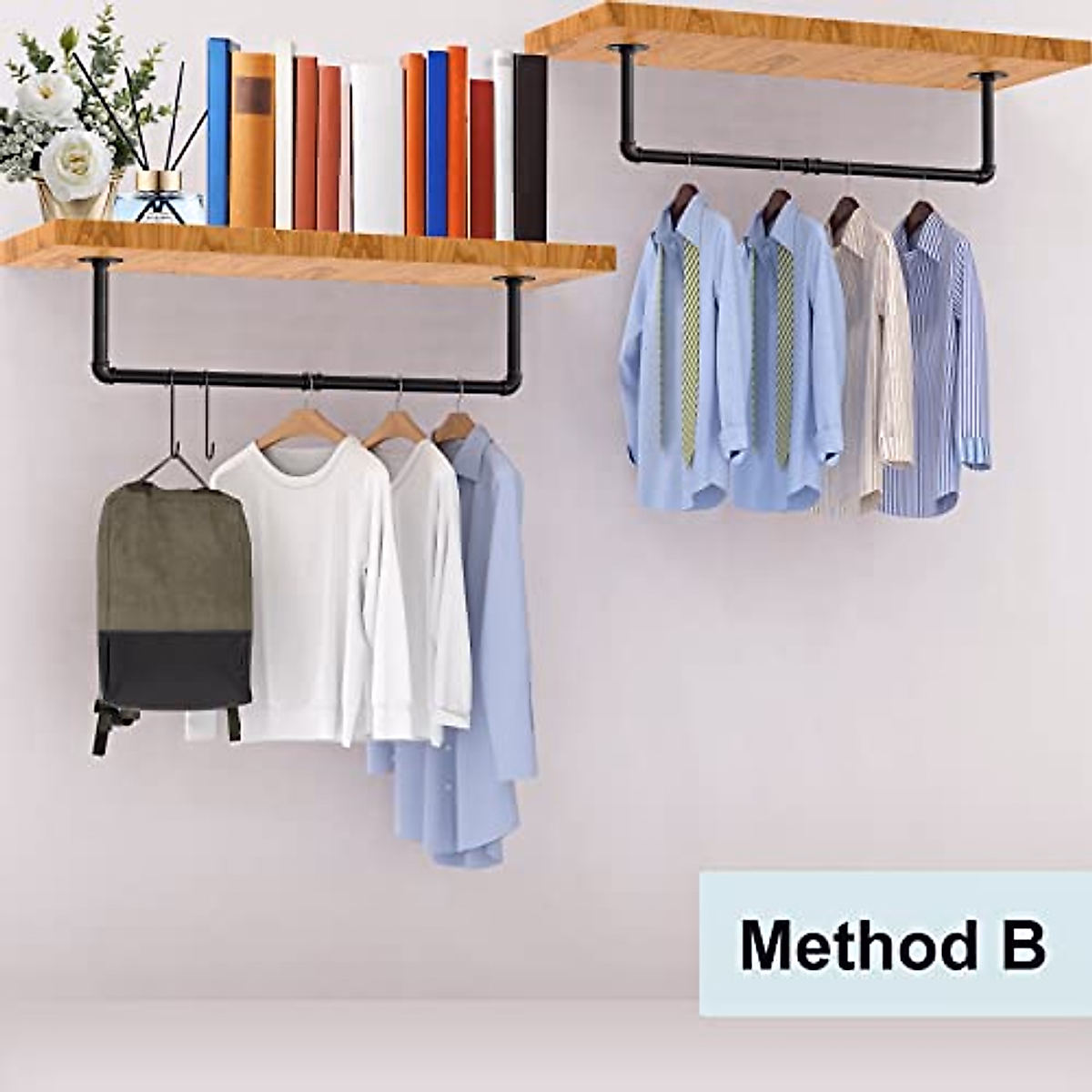 Industrial Pipe Clothing Rack Wall Mounted - Folews 48.8 Inch Wall Clothing Rack Garment Rack for Hanging Clothes Coats Laundry Room Organizer Storage Hanger Shelf Space Saving