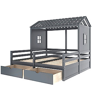 P PURLOVE Twin Double Shared Bed,Twin Size House Platform Beds with Two Drawers for Boy and Girl Shared Beds, Montessori House Bed Frame Combination of 2 Side by Side Twin Size Beds,Gray