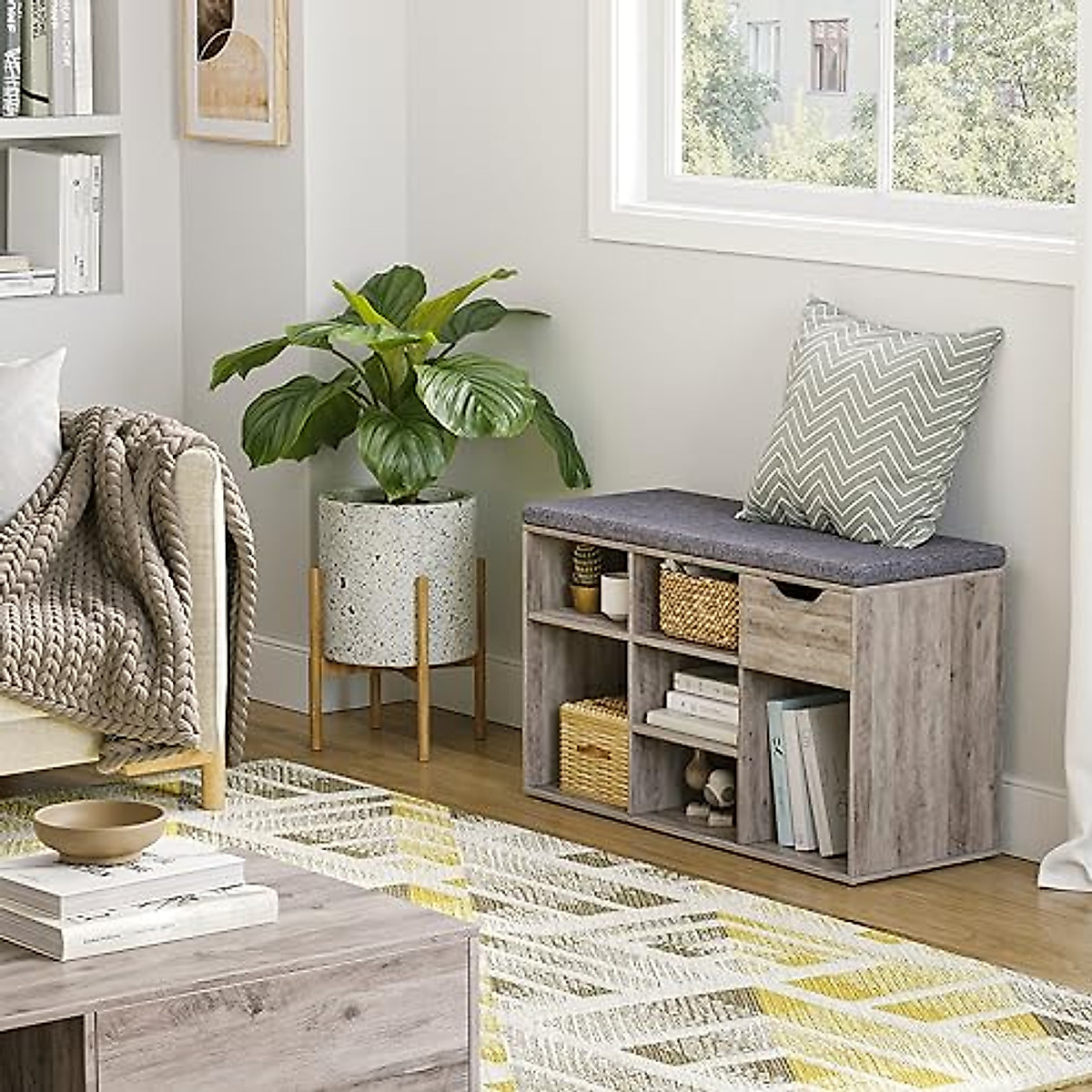 DINZI LVJ Shoe Bench,Entryway Storage Bench with Drawer and 8 Cubbies,Cubby Rack Adjustable Shelves,Shoe Organizer Cabinet for Living Room,Bedroom,Mudroom,Closet Garage,Greige (M04XD01XY01-1)