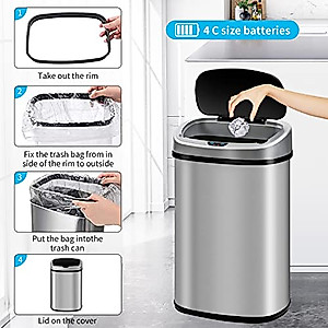 Bigacc 13 Gallon Touch-Free Automatic Stainless-Steel Trash Can Garbage Can Metal Trash Bin with Lid for Kitchen Living Room Office Bathroom, Electronic Motion Sensor Automatic Closure & Opening