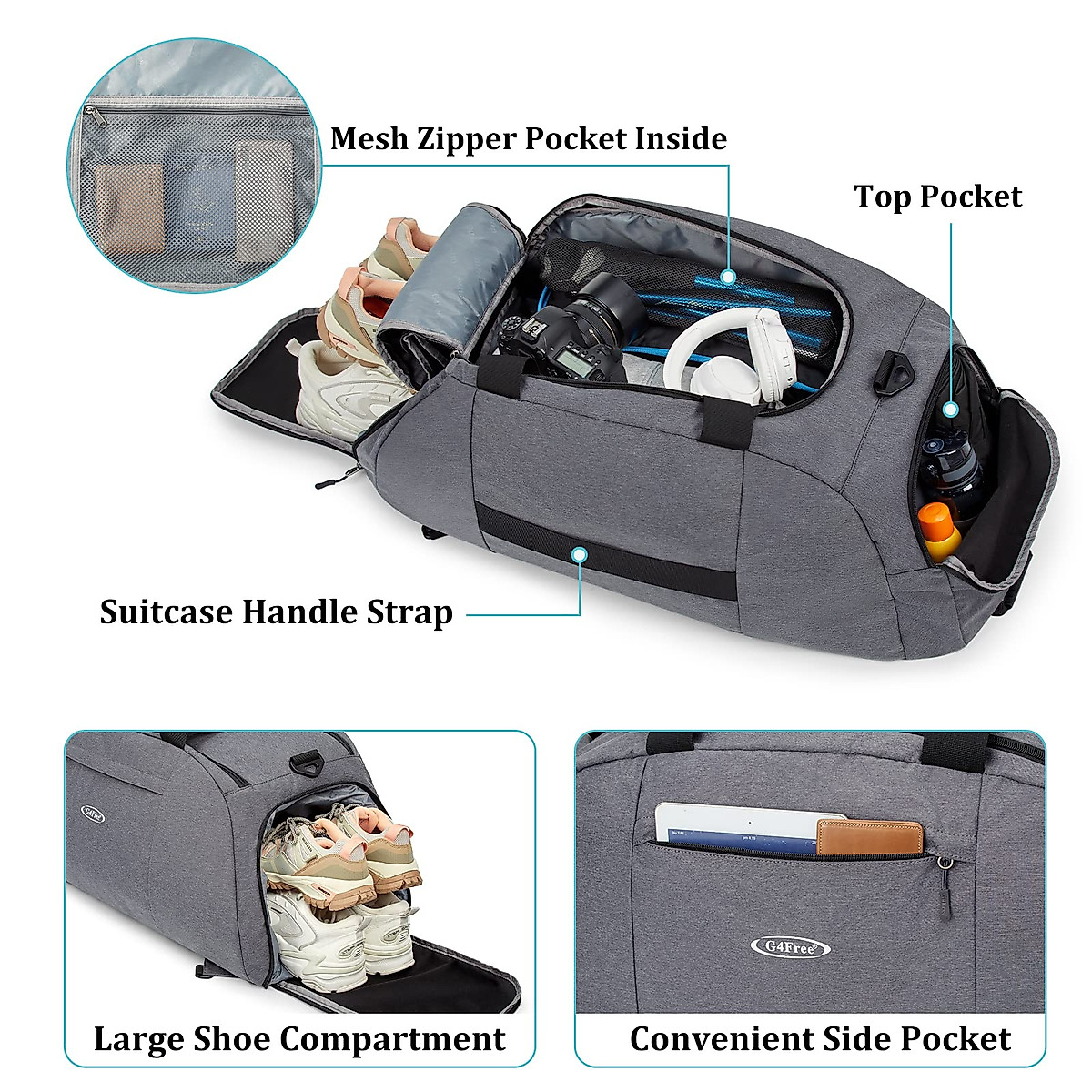 G4Free 70L Large 3-Way Duffle Backpack Gym Bag with Shoe Compartment Lightweight Waterproof Foldable Sports Duffel Bag Travel Backpack Luggage (Grey)