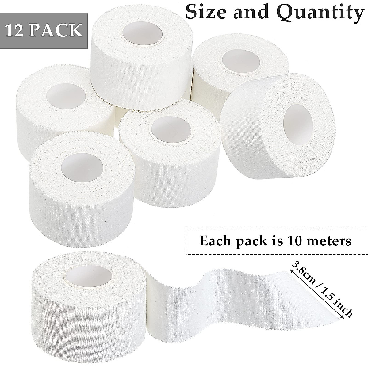 Hoolerry 12 Rolls 120 Yard Athletic Sports Tape Pre Wrap Very Strong Easy Tear No Sticky Residue Tape for Fingers Ankles Wrist Injury Wrap, Football Baseball Hockey Soccer(White, 1.5 in)