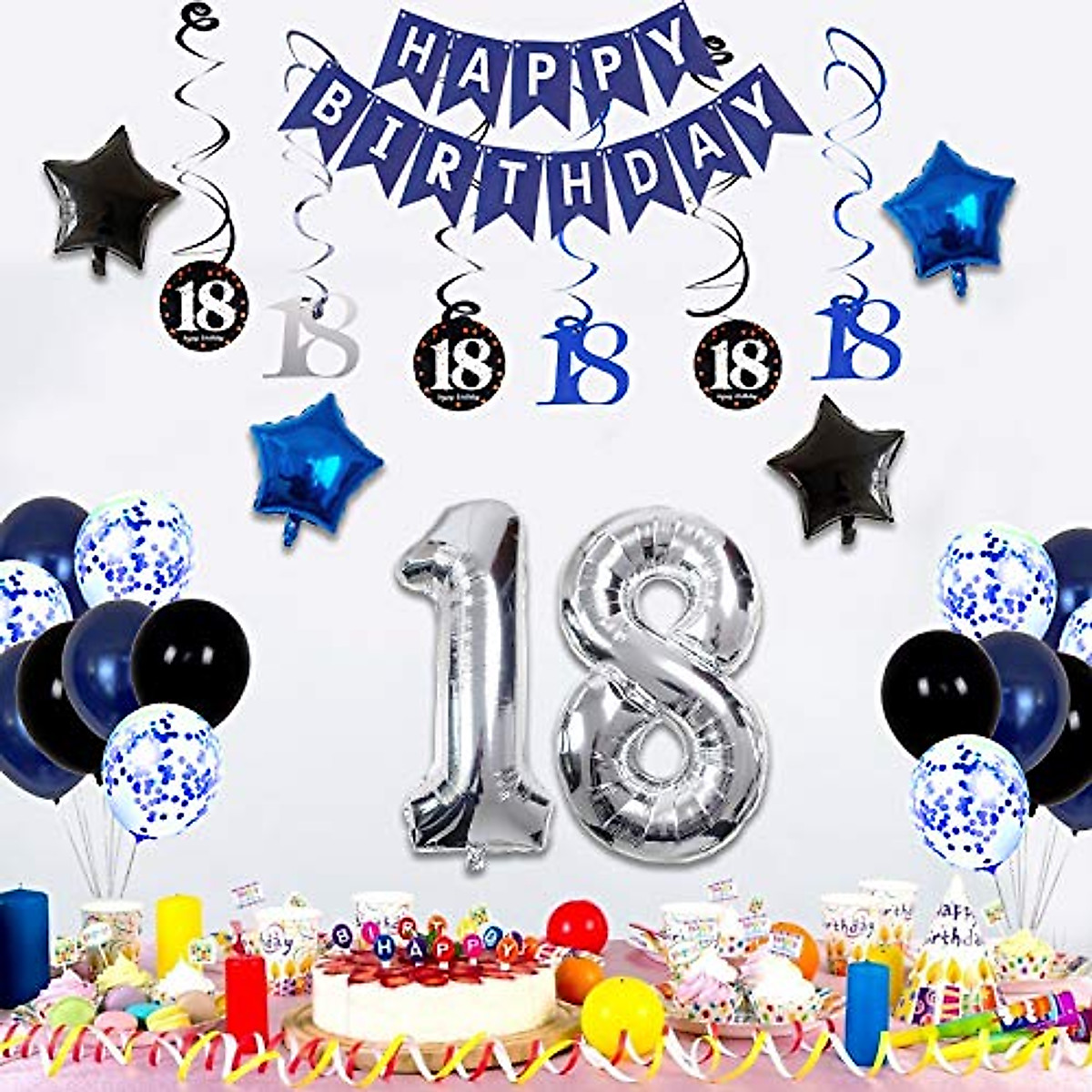 18th Birthday Decorations for Boys and Girls Dark Blue, HAPPY BIRTHDAY Banner Silver Number 18 Balloons, Deep Blue Theme Party for Him - 18 Years Old Birthday Party Supplies Kit for Her