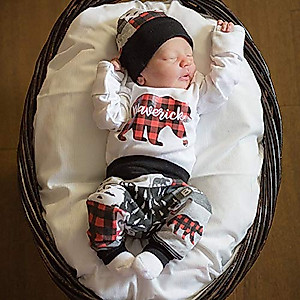 HKALL Newborn Infant Baby Boy Girls Clothes Fall Outfits Baby Bear Romper Long Pants Hat 3PCS Christmas Bodysuit Set