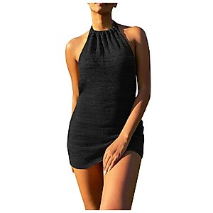 LULU99 Women Dress Elegant Sexy Metal Hanging Neck Tank Dress Fashion Casual Bohemian Sleeveless Solid Mini Dress Black