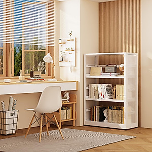 Metal Storage Shelves with Wheels,3 Tier Bookshelf with Storage,Bookshelf with Storage,White Bookcase with 2 Adjustable Shelves,Office Shelves for Living Room,Classroom,Library