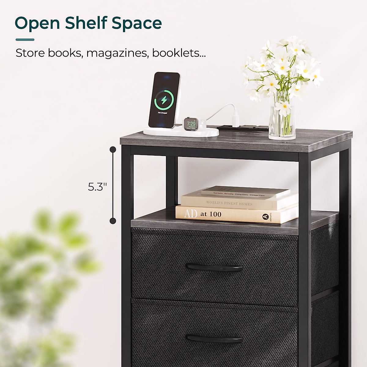 Huuger Nightstand with Charging Station, 27.6 Inch Side Table with Fabric Drawers, End Table Bedside Table with USB Ports and Outlets, Night Stand for Bedroom, Charcoal Gray