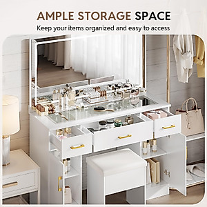 WAYES 43.3" Clear Glass Top Makeup Vanity Desk Set with LED Mirror, Charging Station, and Storage Stool, Modern, White