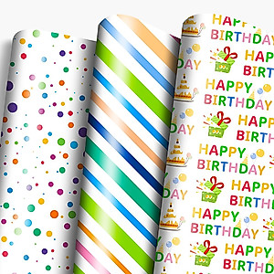 Isaspire Birthday Wrapping Paper Folder Set - 12 Sheets, 20x29 Inch Each, Adorned with Polka Dots, Stripes & 'Birthday' Charms for Boys, Girls, Women, Men, Ideal Gift Wrap for Holiday Birthday Party