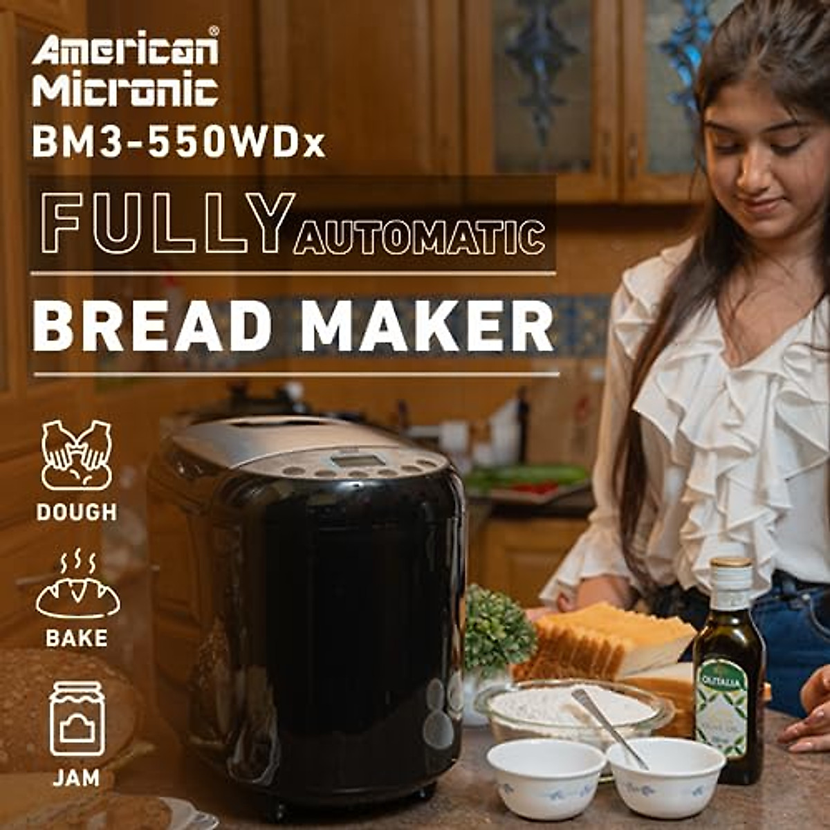 AMERICAN MICRONIC- Bread Maker with 19 Pre-Programmed Menus including Gluten free, 3 Crust Colors, LCD Display, and 550W Power, Stainless Steel top- Model AMI-BM3-550WDx (Black & Steel)